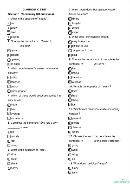 DIAGNOSTIC 1. Interactive worksheet | TopWorksheets