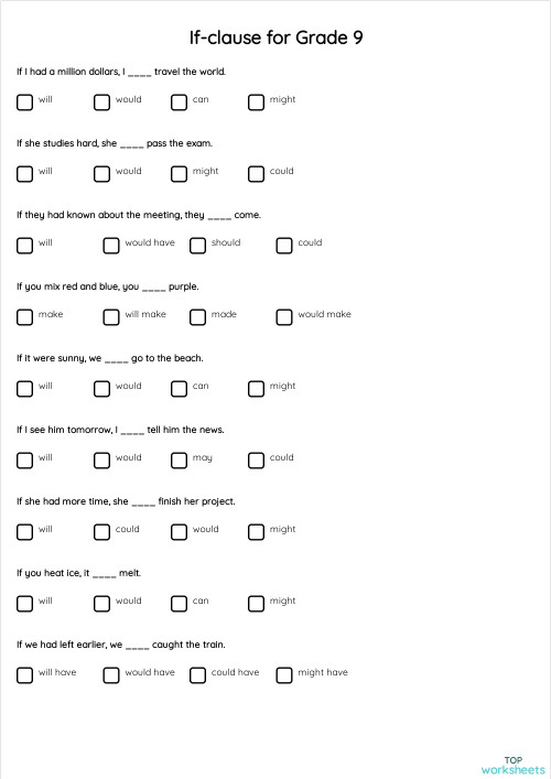 If-clause for Grade 9 ใบงานเชิงโต้ตอบ | TopWorksheets