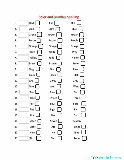 Color numbers spelling. Interactive worksheet | TopWorksheets