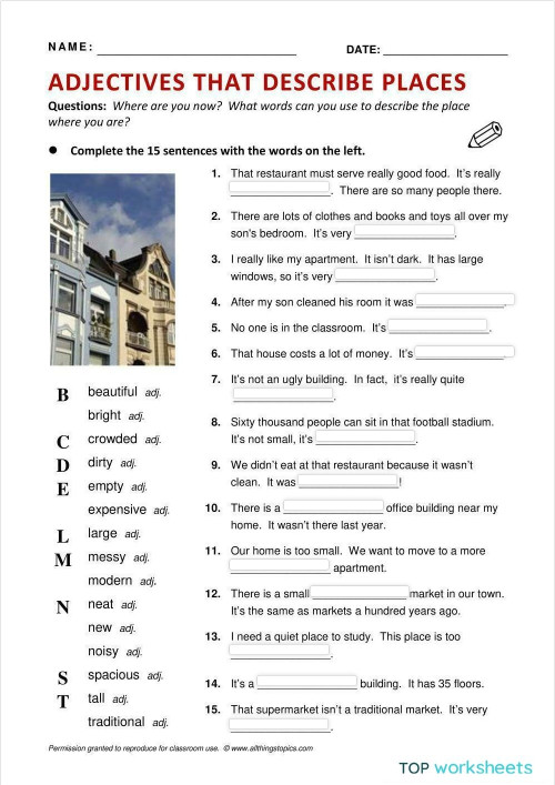 Places around Town Adjectives. Interactive worksheet | TopWorksheets