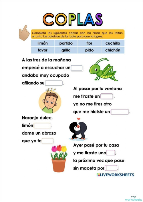 Las coplas: fichas interactivas y ejercicios online | TopWorksheets