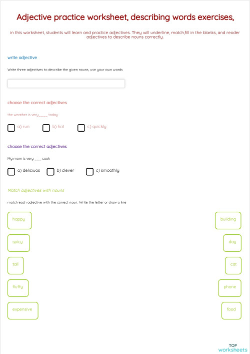 Adjective practice worksheet, describing words exercises,. Interactive ...
