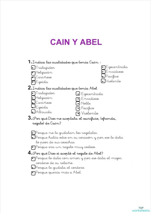 Cain y Abel 3º (3). Ficha interactiva | TopWorksheets