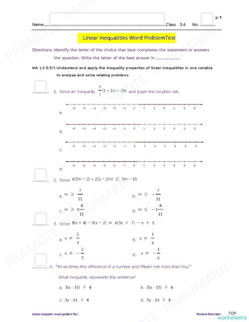 Linear inequality word problem Test ใบงานเชิงโต้ตอบ | TopWorksheets