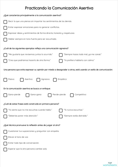 Practicando la Comunicación Asertiva. Ficha interactiva | TopWorksheets