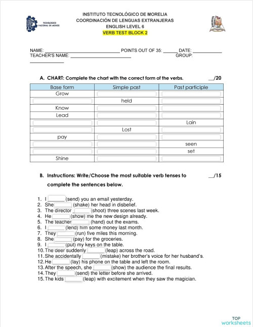 verbs exam 2 level 6. Interactive worksheet | TopWorksheets