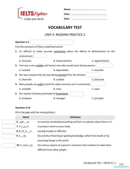 VOCAB TEST 11. UNIT 4. READING. READING PRACTICE 2. Interactive ...
