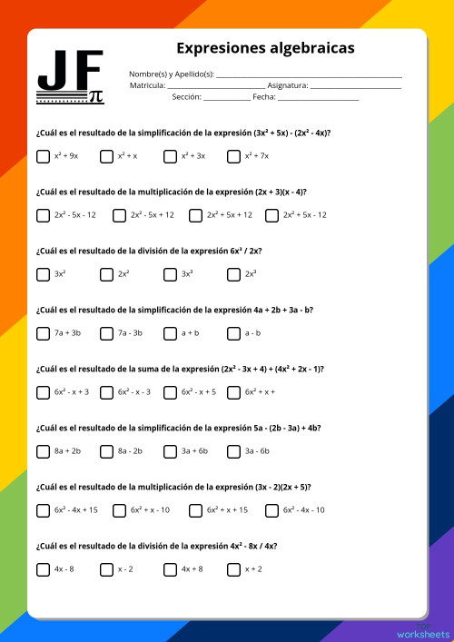 Expresiones algebraicas. Ficha interactiva | TopWorksheets