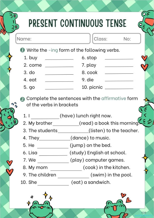 Present Continuous Tense ใบงานเชิงโต้ตอบ | TopWorksheets