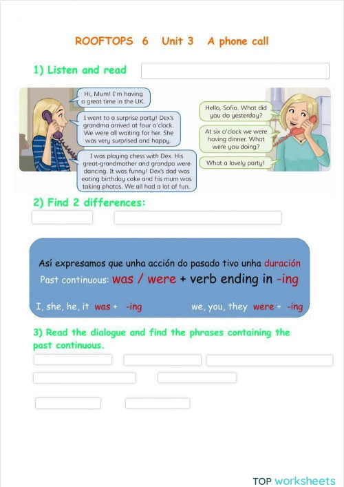 Past continuous (phone call) Rooftops 6 Unit 3. Interactive worksheet | TopWorksheets