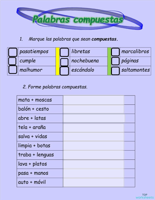 QUIZ PALABRAS COMPUESTAS. Ficha interactiva | TopWorksheets