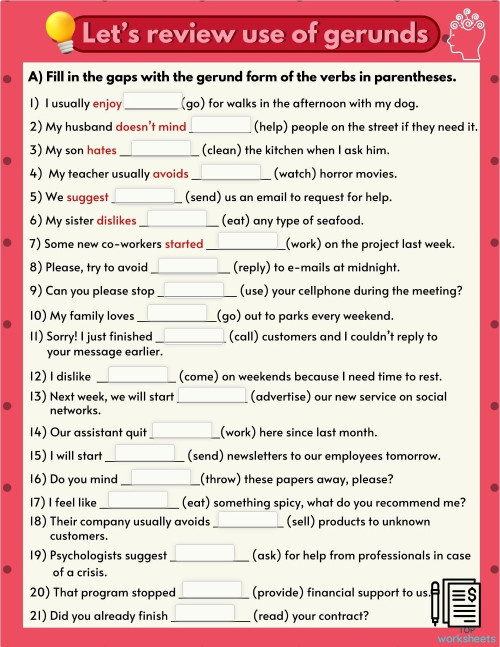 I2 - Let's review the use of gerunds. Interactive worksheet | TopWorksheets