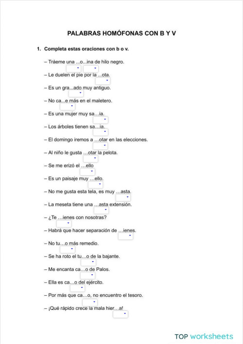 Palabras homófonas con b y v. Ficha interactiva | TopWorksheets
