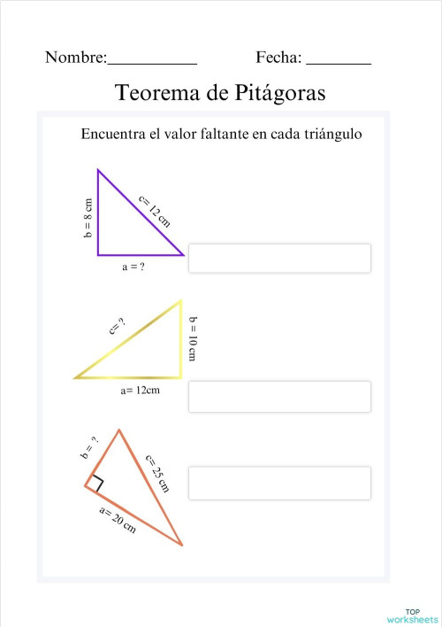 Teorema de Pitágoras: fichas interactivas y ejercicios online | TopWorksheets