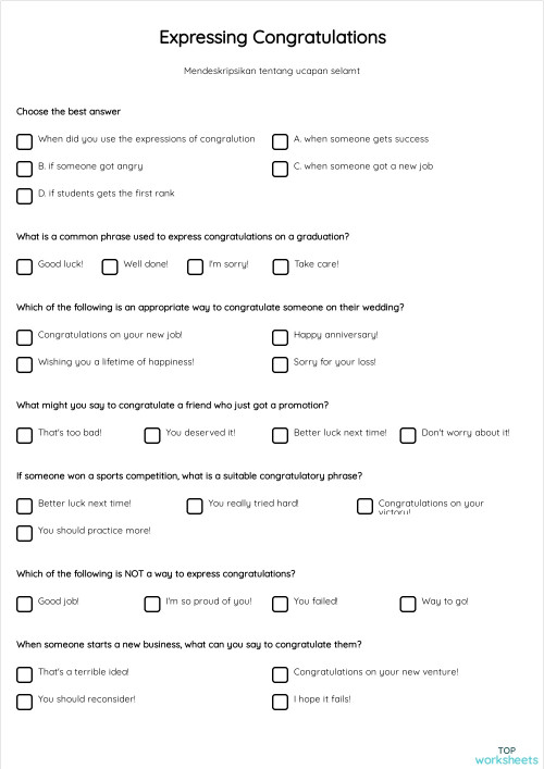 Expressing Congratulations. Interactive worksheet | TopWorksheets