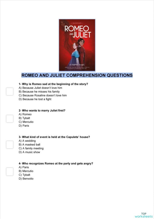 Romeo and Juliet - Comprehension Questions. Interactive worksheet ...