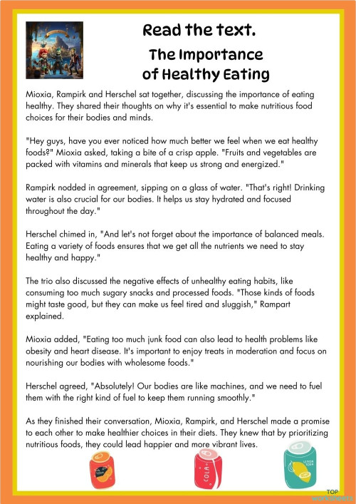 Reading Comprehension The Importance of Healthy Eating 1. Interactive ...