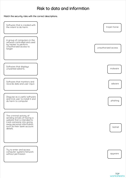 Risk to data and informtion. Interactive worksheet | TopWorksheets