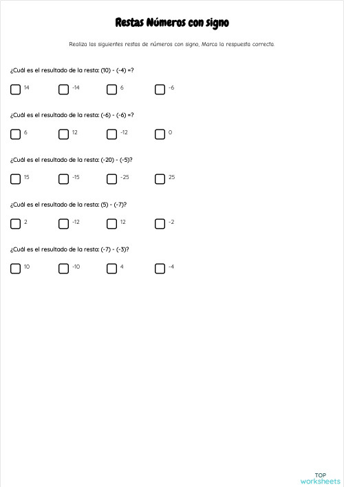 Restas: fichas interactivas y ejercicios online | TopWorksheets