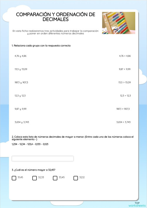 COMPARACIÓN Y ORDENACIÓN DE DECIMALES. Ficha interactiva | TopWorksheets