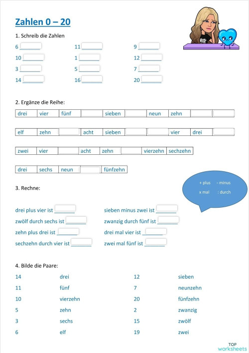 Zahlen 0- 20, rechnen. Interaktives Arbeitsblatt | TopWorksheets