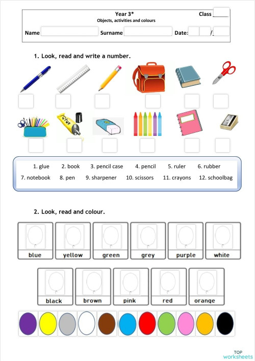 Objects, activities and colours*. Interactive worksheet | TopWorksheets
