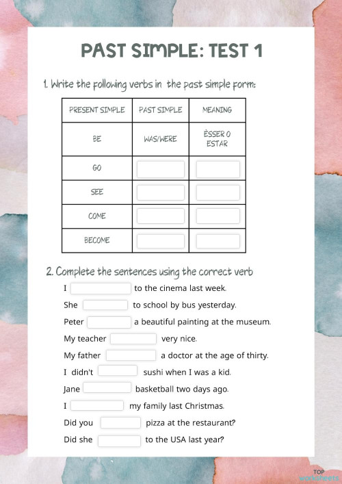PAST SIMPLE GROUP 1 TEST. Interactive worksheet | TopWorksheets