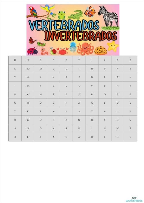 SOPA DE LETRAS ANIMALES VERTEBRADOS E INVERTEBRADOS. Ficha interactiva ...
