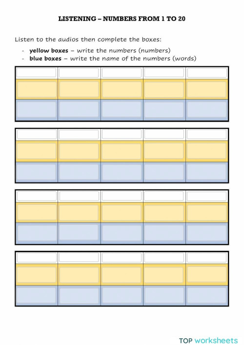 Numbers 1-20 - Listening and writing. Interactive worksheet | TopWorksheets