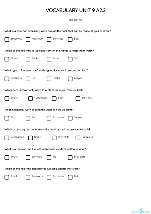 VOCABULARY UNIT 9 A2.2. Interactive worksheet | TopWorksheets
