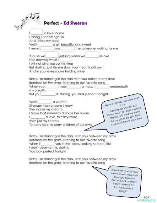 Songs in the Past - Ed Sheeran and Pink. Interactive worksheet ...
