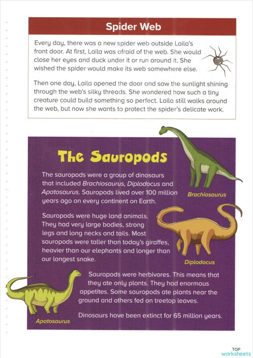 Practice Passage 1 Spider Web and Sauropods. Interactive worksheet ...