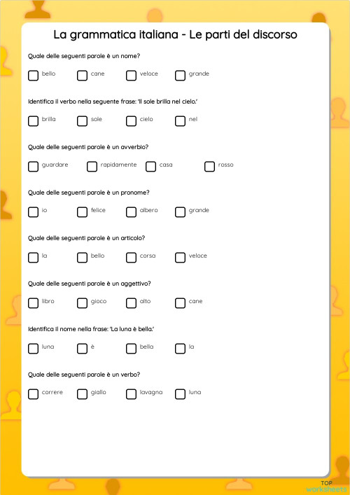 La grammatica italiana - Le parti del discorso. Scheda interattiva ...