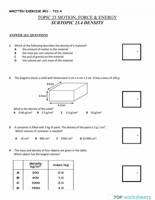 Density. Interactive worksheet | TopWorksheets