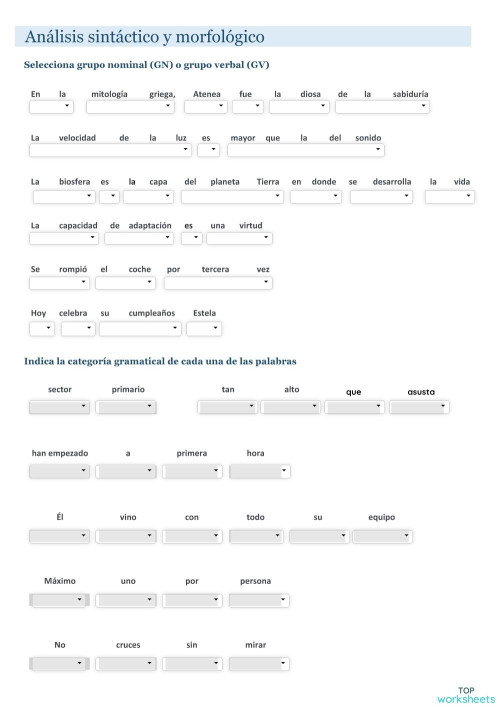 Lengua Análisis Morfológico y Sintáctico 7. Ficha interactiva ...