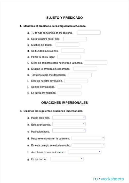 Sujeto y predicado / Oraciones impersonales. Ficha interactiva ...