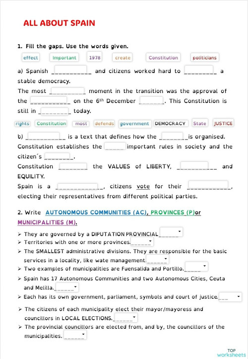 All About Spain. Interactive worksheet | TopWorksheets