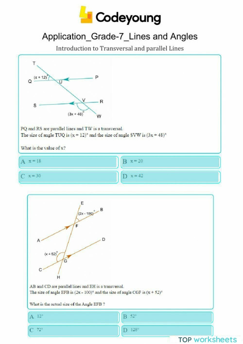 Introduction to Transversal and parallel Lines Application. Interactive worksheet | TopWorksheets
