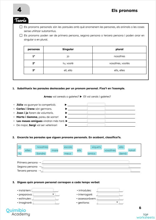 pronoms personals. Fitxa interactiva | TopWorksheets