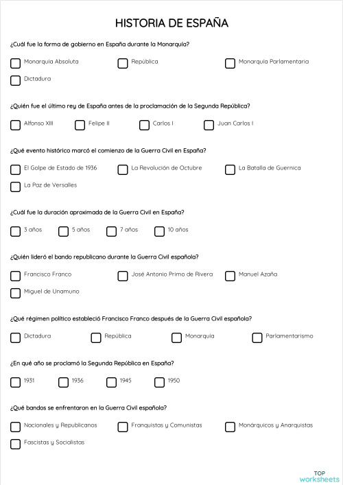 HISTORIA DE ESPAÑA. Ficha interactiva | TopWorksheets