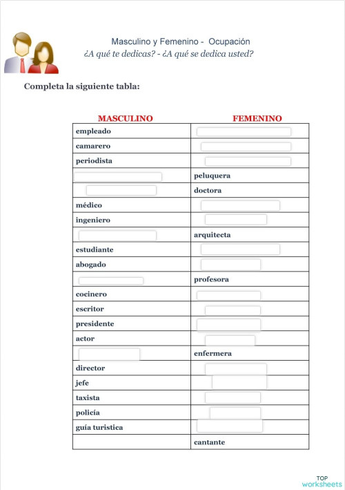 Masculino y Femenino. Ficha interactiva | TopWorksheets
