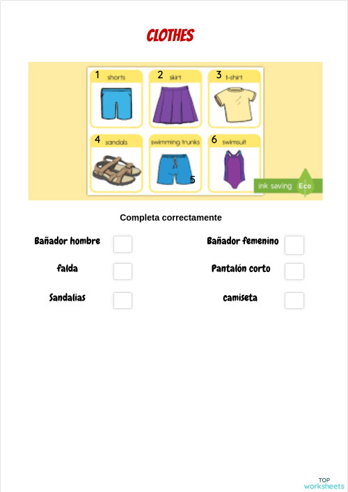 Clothes. Write the correct number. Ficha interactiva | TopWorksheets