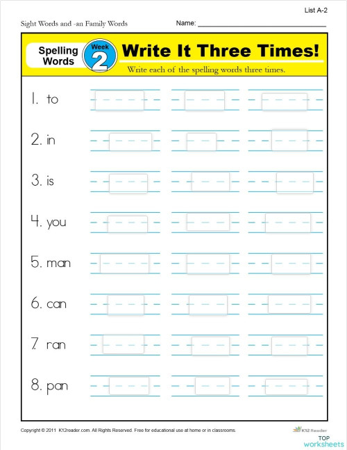 Spelling Words - 1st Grade - Week 2. Interactive worksheet | TopWorksheets