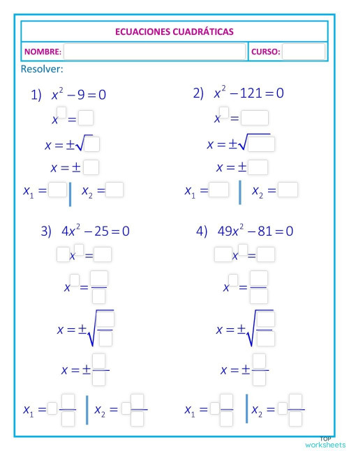 ECUACIÓN CUADRÁTICA POR DESPEJE. Ficha interactiva | TopWorksheets