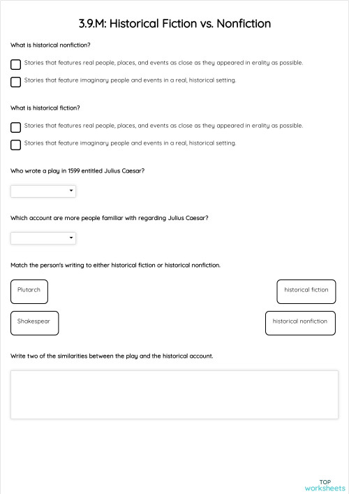3.9.M: Historical Fiction vs. Nonfiction. Interactive worksheet ...