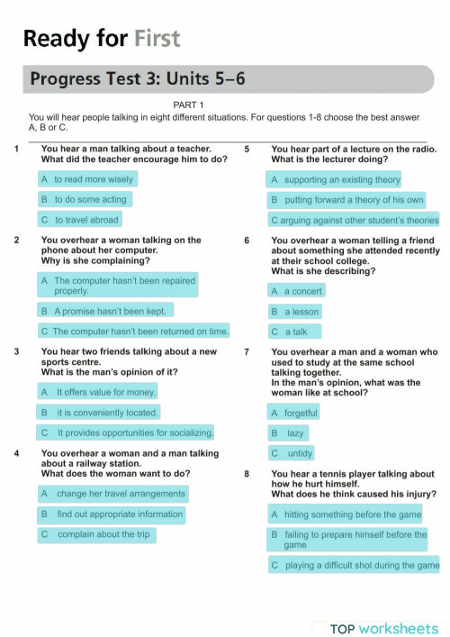 Ready for first - Quiz units 5 and 6 listening. Interactive worksheet | TopWorksheets