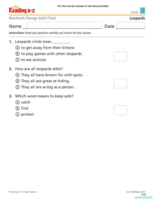 Reading Level J: Leopards. Interactive worksheet | TopWorksheets
