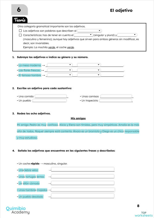 Adjetivos: fichas interactivas y ejercicios online | TopWorksheets
