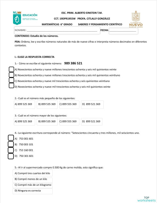 Num mas de 9 cifras. Ficha interactiva | TopWorksheets