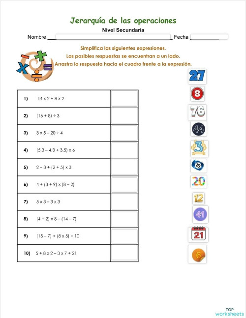Jerarquía de las operaciones 4. Ficha interactiva | TopWorksheets